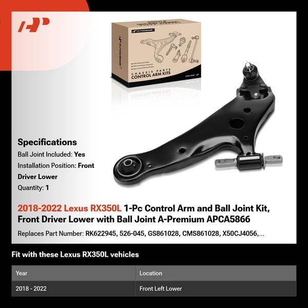 2018-2022 Lexus RX350L Control Arm and Ball Joint Kit APCA5866, 3-Year ...