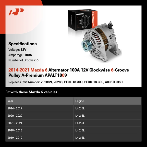 Trusted 2014-2021 Mazda 6 Alternator APALT1069 | A-Premium
